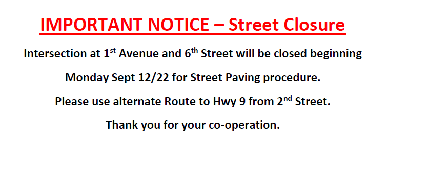 Important Notice Street Closure - Town of Irricana